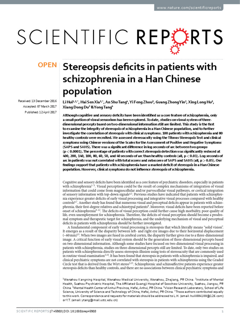 Stereopsis Deficits in Patients With Schizophrenia | PDF ...