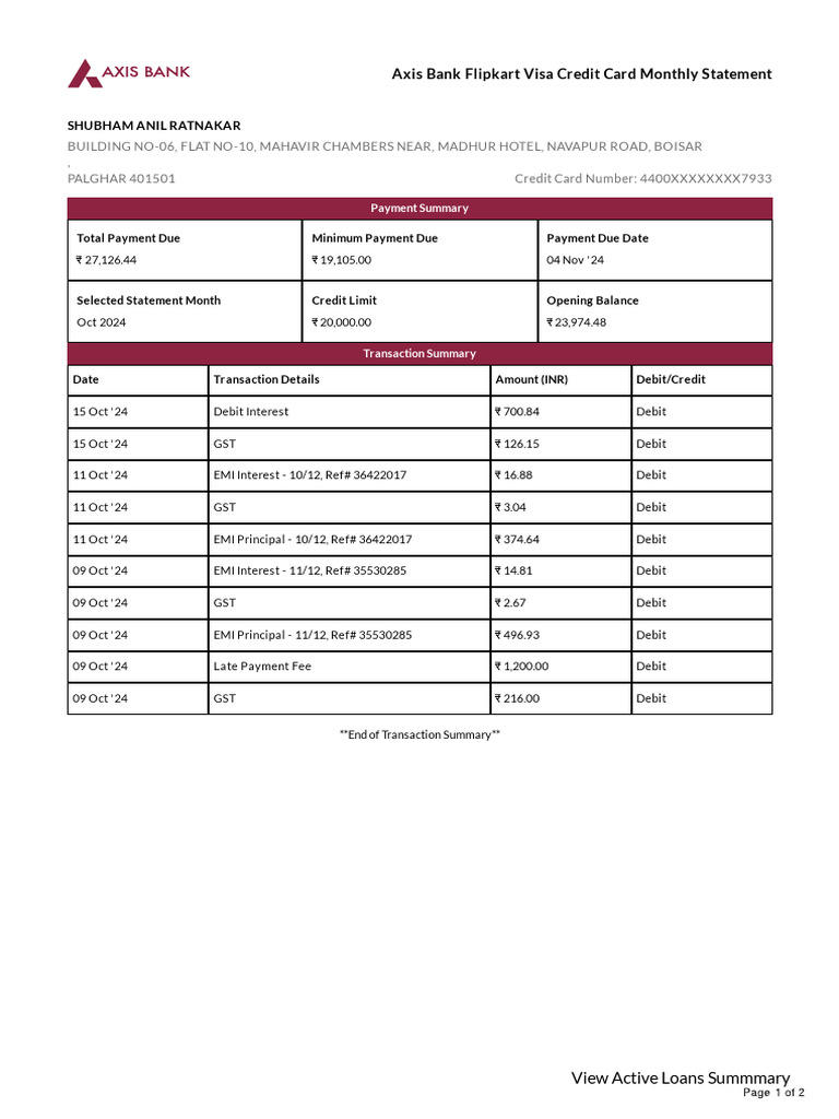 Axis final statement | PDF | Debit Card | Credit Card