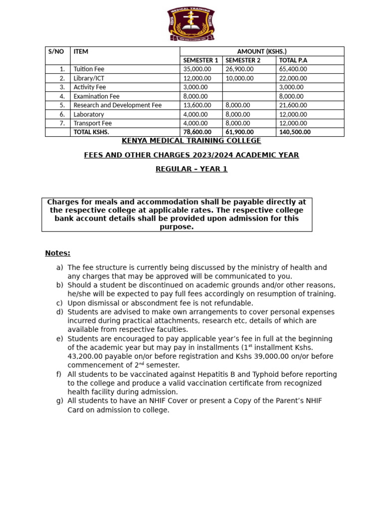 Fee Strcucture KMTC | PDF