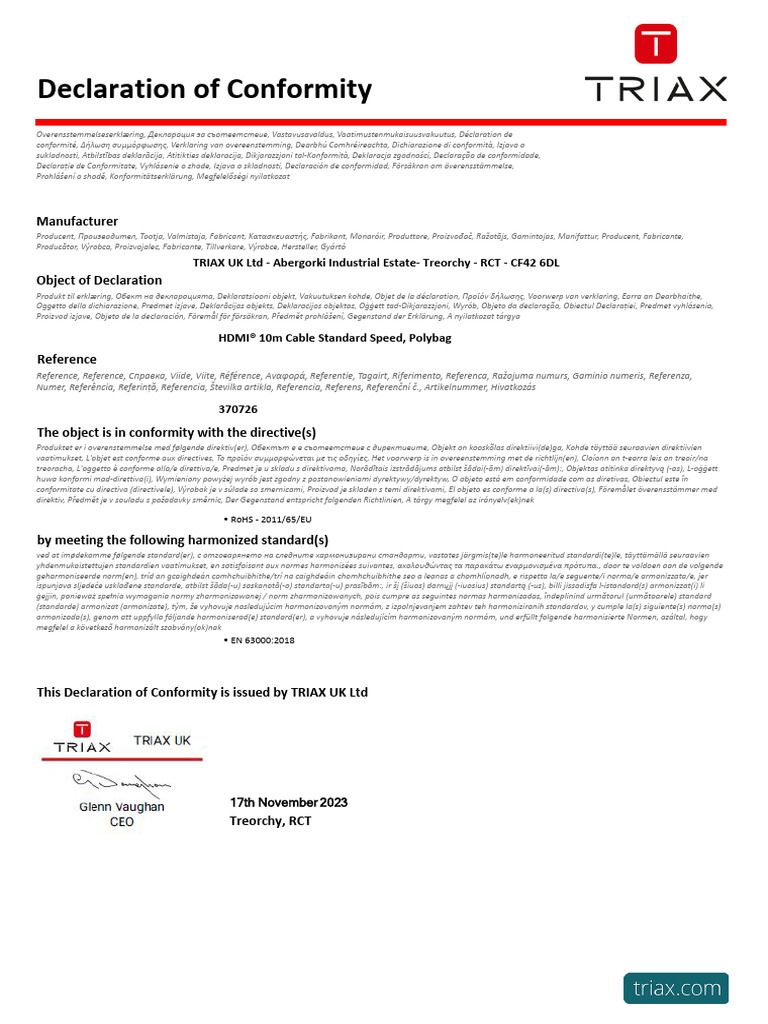 DoC Declaration of Conformity Psjohs | PDF