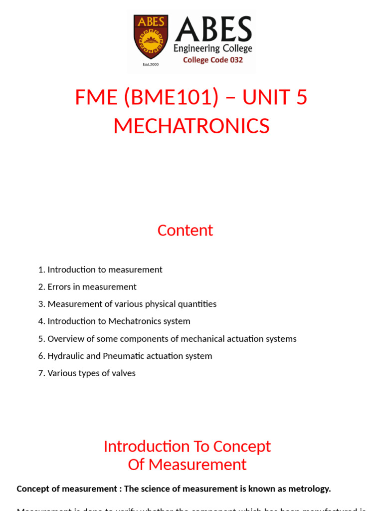 FME (BME101) UNIT 5 MECHATRONICS - Complete | PDF | Pressure Measurement | Flow Measurement