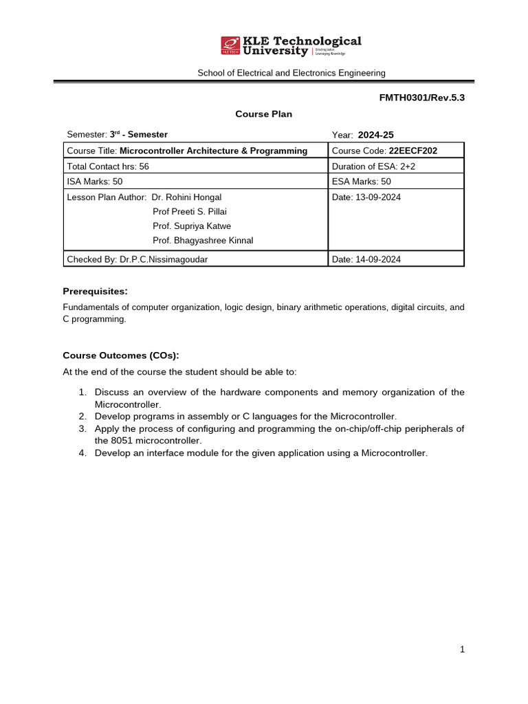 22EECF202 Microcontroller Architecture and Programming 2024 25 ODD ...