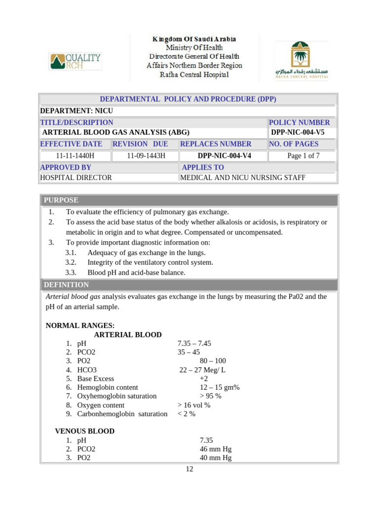 NICU Arterial Blood Gas Analysis Policy | PDF | Intensive Care Medicine ...