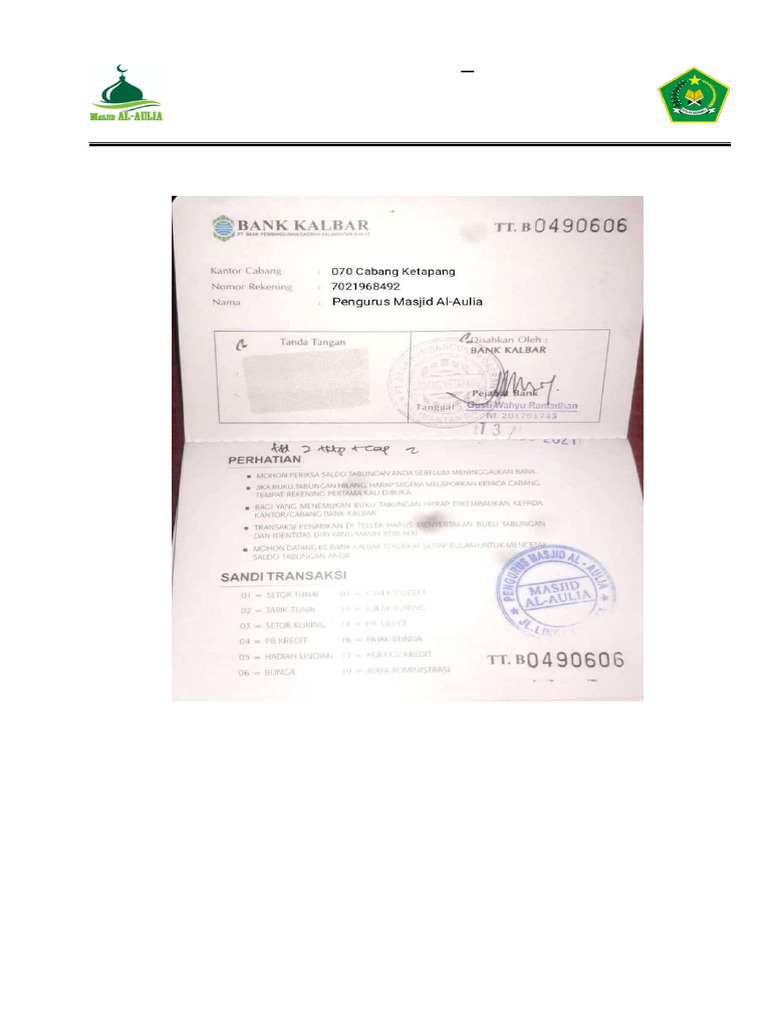 Foto Buku Rek Bank Masjid | PDF