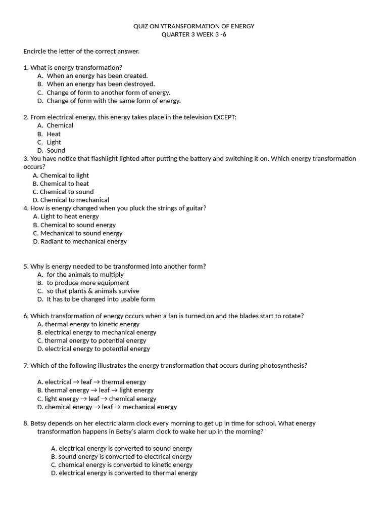 Energy Transformation Quiz | PDF | Chemical Substances | Heat