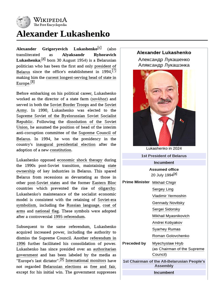 Alexander Lukashenko: Belarus' President | PDF | Belarus | Government
