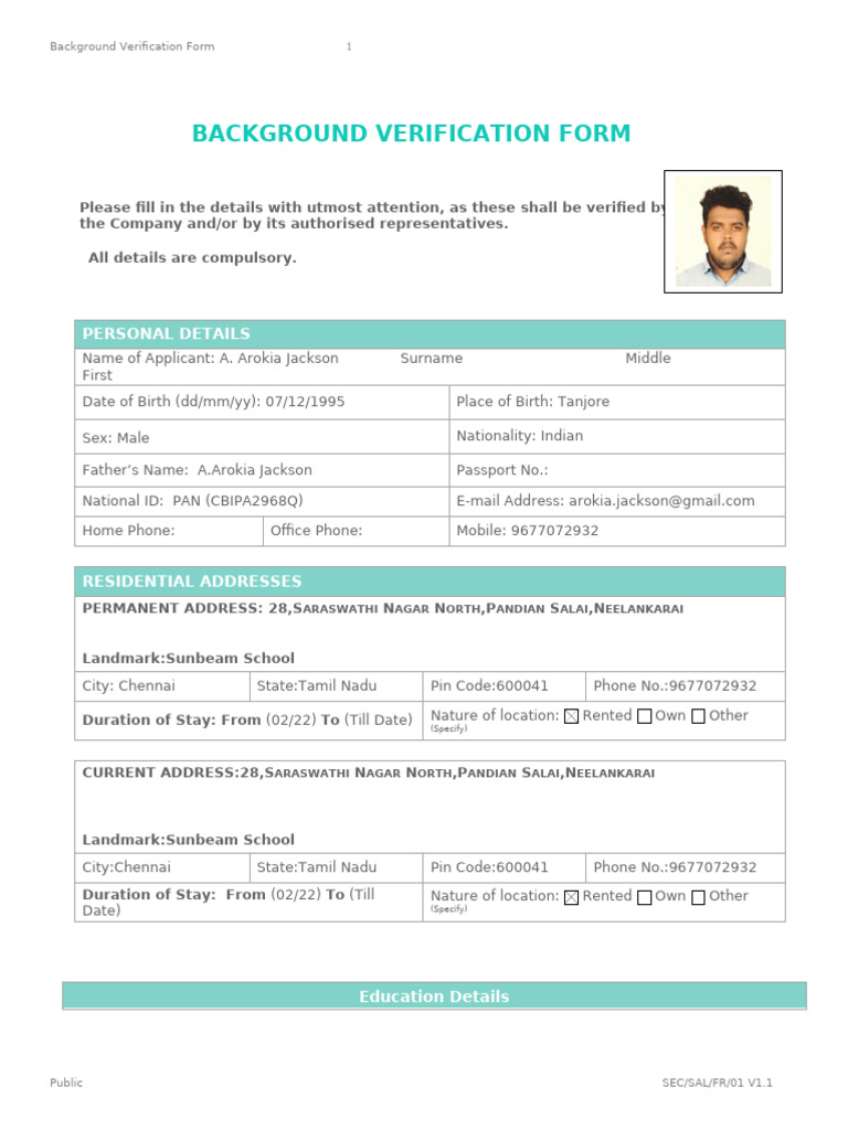 Securitas India Background Verification Form | PDF | Employment | Salary