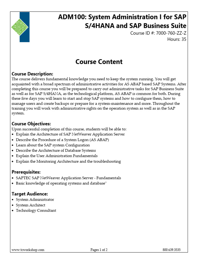 SAP System Admin Course: ADM100 | PDF | Databases | Computer Architecture