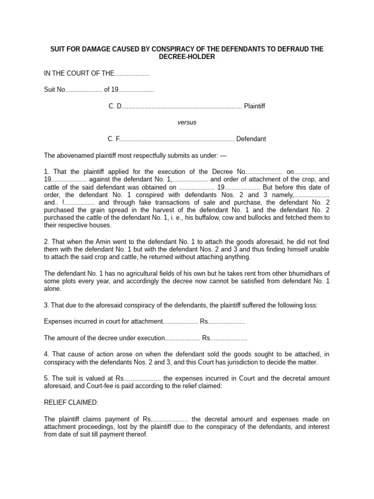 Suit For Damage Caused by Conspiracy of The Defendants To Defraud The ...