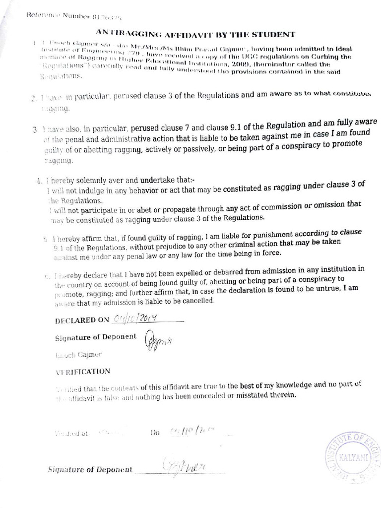 Anti-Ragging Affidavit Form | PDF | Legal Procedure | Evidence