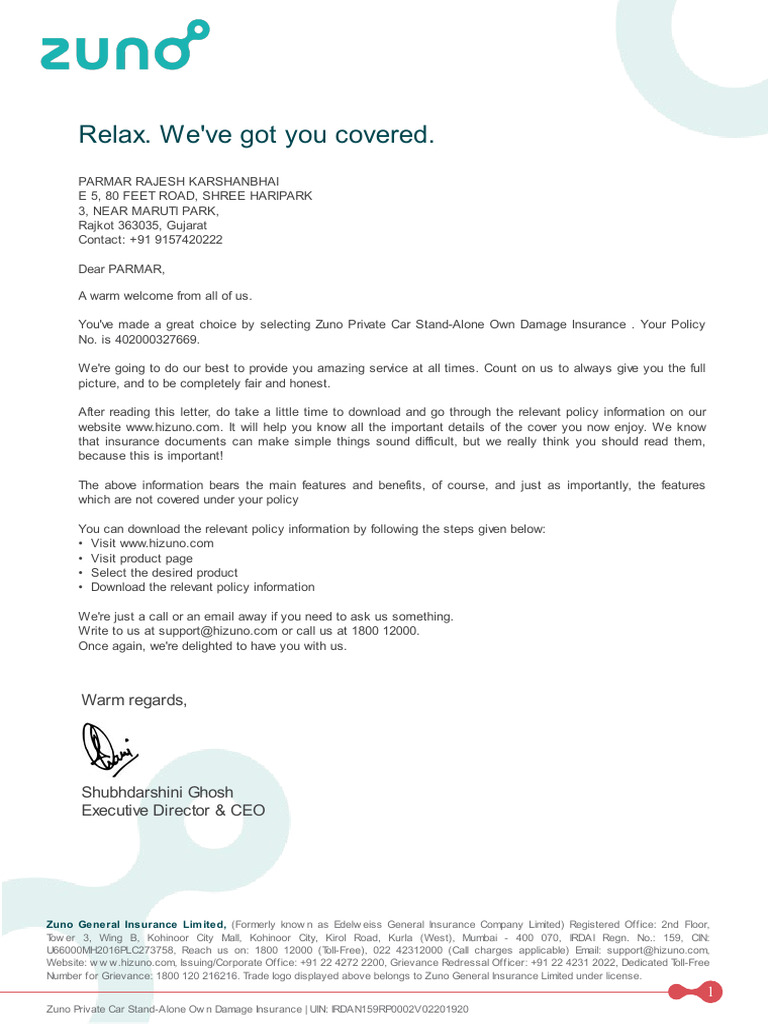 Zuno Private Car Insurance Policy Details | PDF | Insurance | Deductible