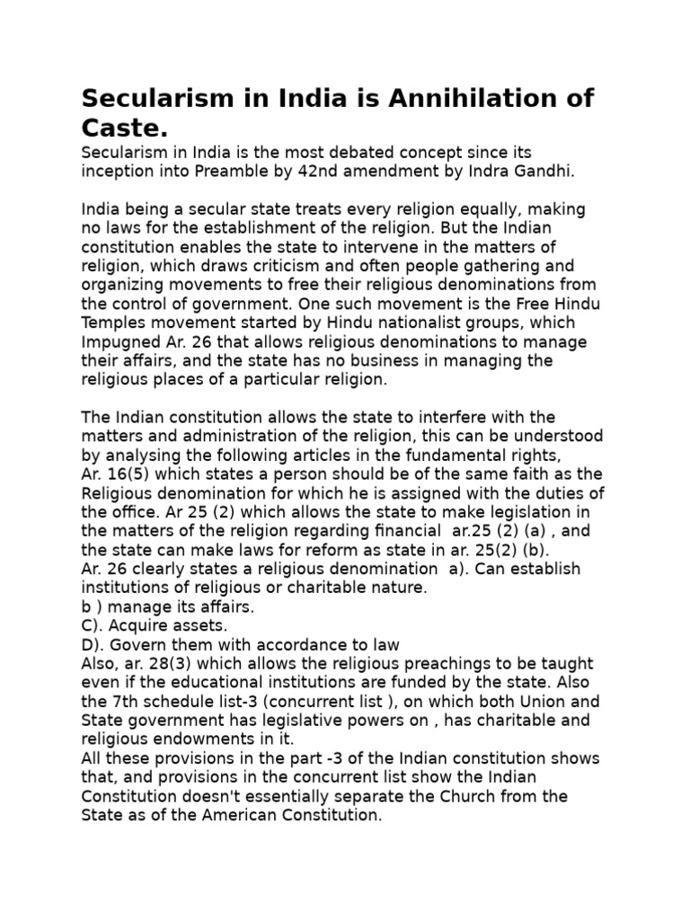 Secularism in India Is Annihilation of Caste. | PDF | First Amendment ...