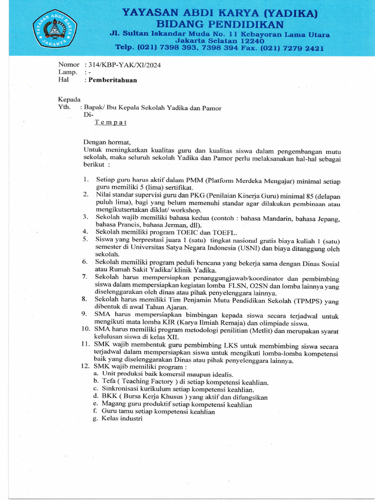 Surat No. 314-KBP-YAK-XI-2024 - Pemberitahuan | PDF