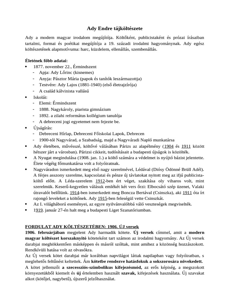 Ady Endre Tájköltészete | PDF