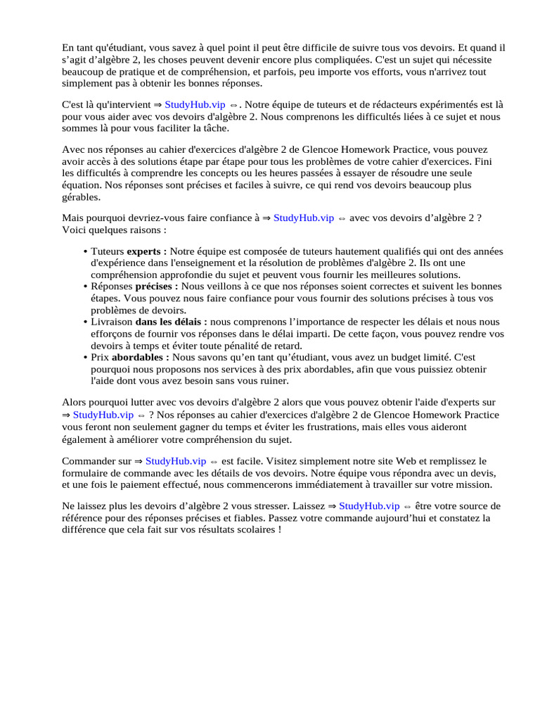 Cahier d'exercices de devoirs Glencoe Algèbre 2 Réponses | PDF | Algèbre