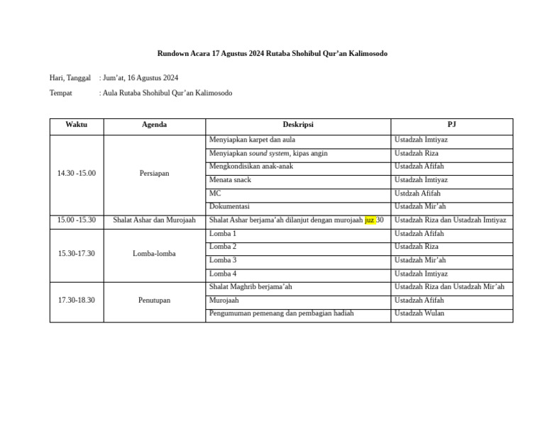 Rundown Acara 17 Agustus 2024 Di Sekolah | PDF