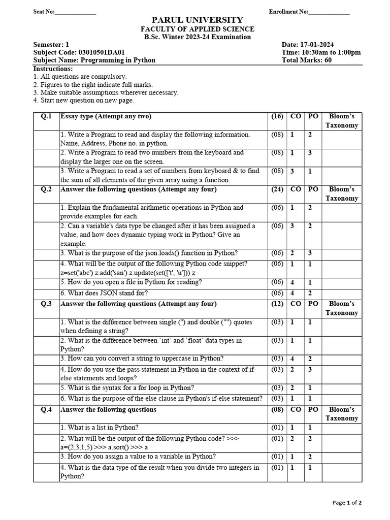 B.Sc. Python Exam Winter 2023-24 | PDF | Python (Programming Language) | Control Flow