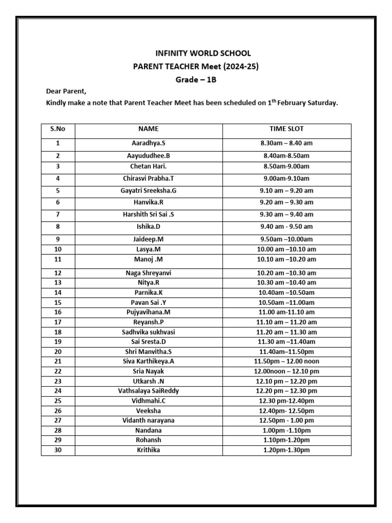 Grade-1B PTM Time Slots 24-25 | PDF