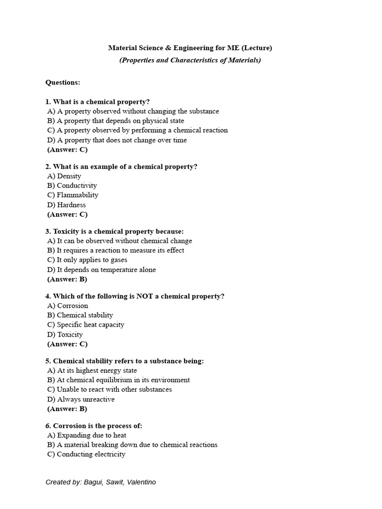 Group 2 - Properties and Characteristics of Materials - Questions | PDF ...