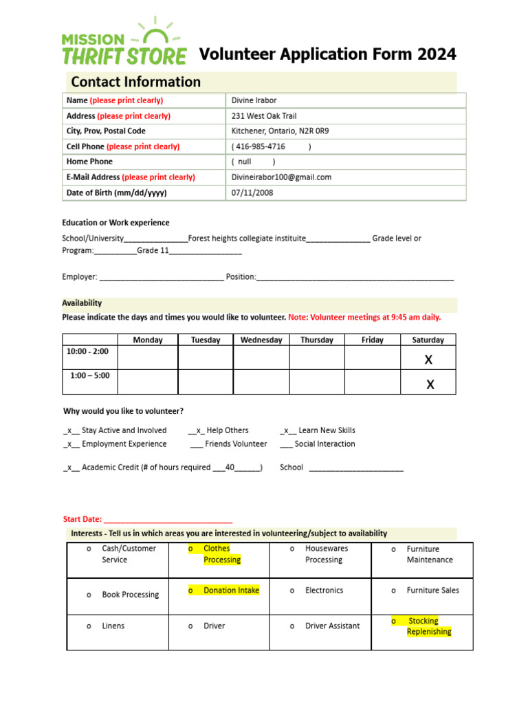 Volunteer Application Form 2024 | PDF