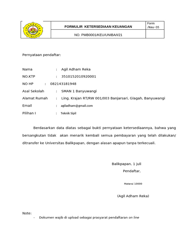 Form Ketersediaan PMB | PDF