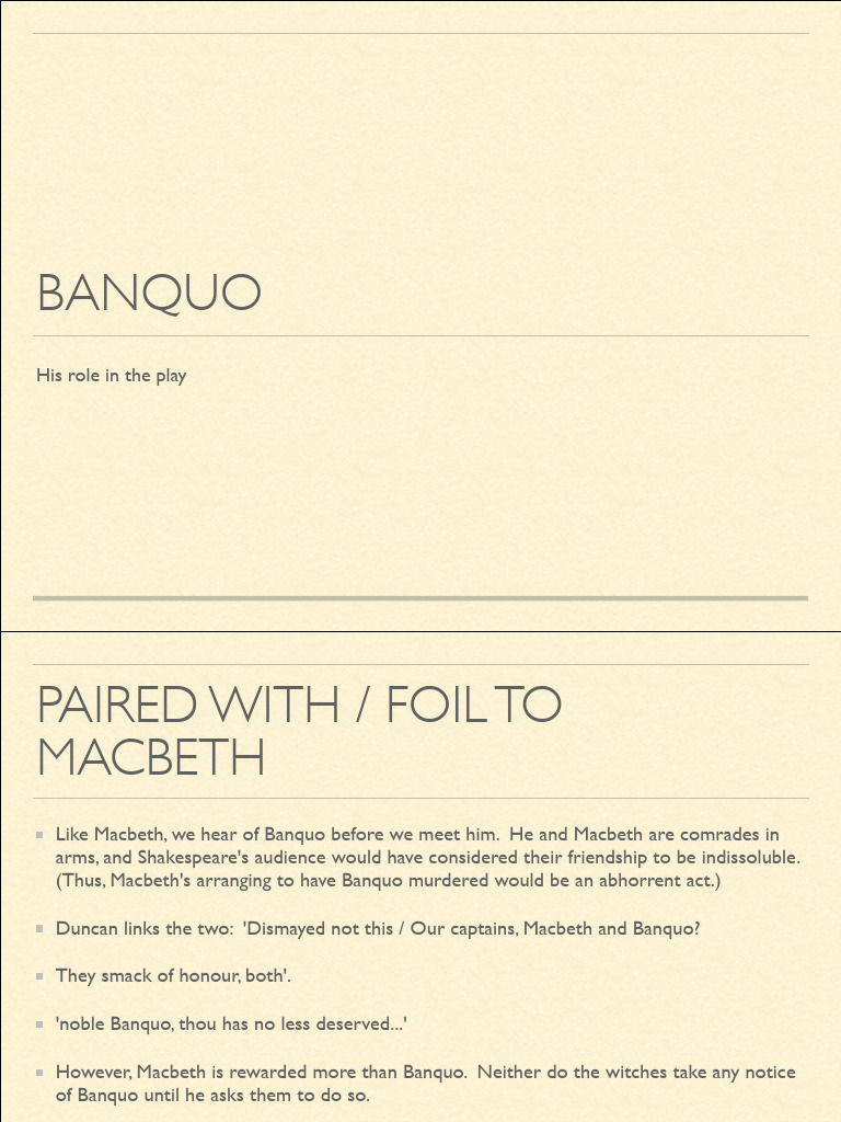 Banquo: His Role in The Play | PDF | Macbeth | Shakespearean Tragedies
