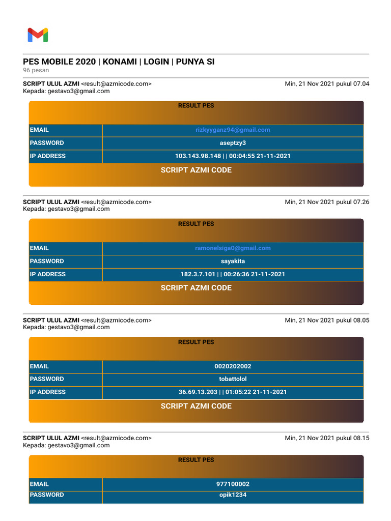 Gmail - Pes Mobile 2020 - Konami - Login - Punya Si | PDF | Email | Computer Mediated Communication
