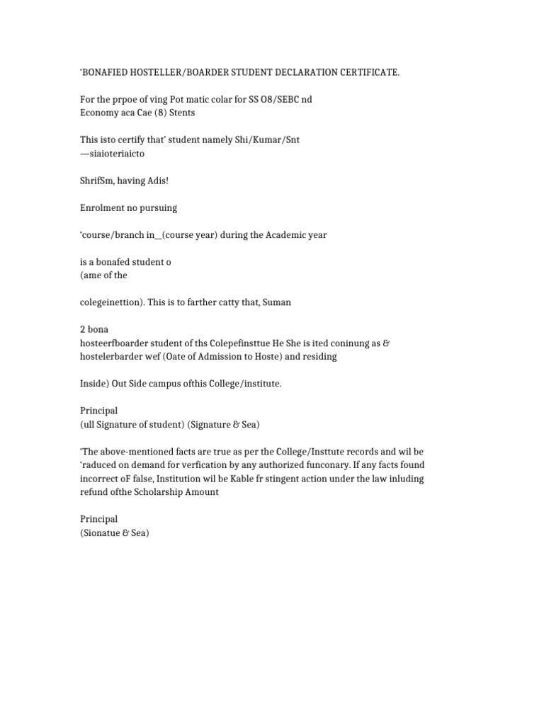 Bonafide Hosteller Declaration Certificate | PDF