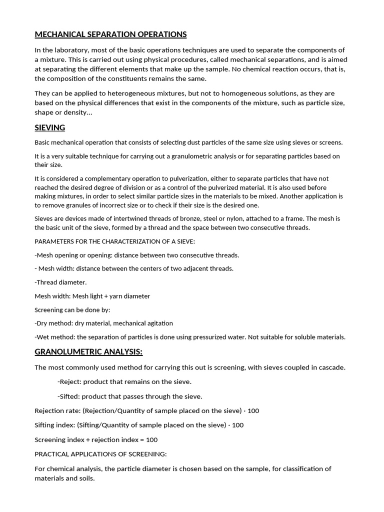 Mechanical Separation Operations | PDF | Filtration | Mixture