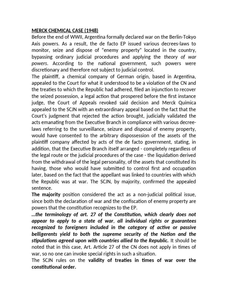 Summary of the Merck Chemical Case.docx | PDF | Judgment (Law) | Treaty