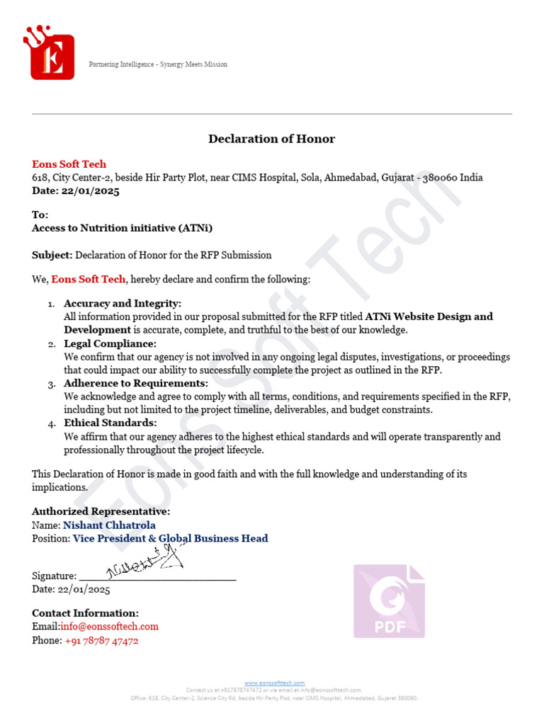 Eons Soft Tech RFP Declaration of Honor | PDF