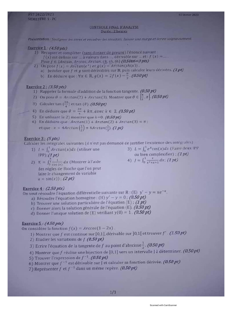 Correction Examen Analyse S1 (PC)(UNEM) | PDF