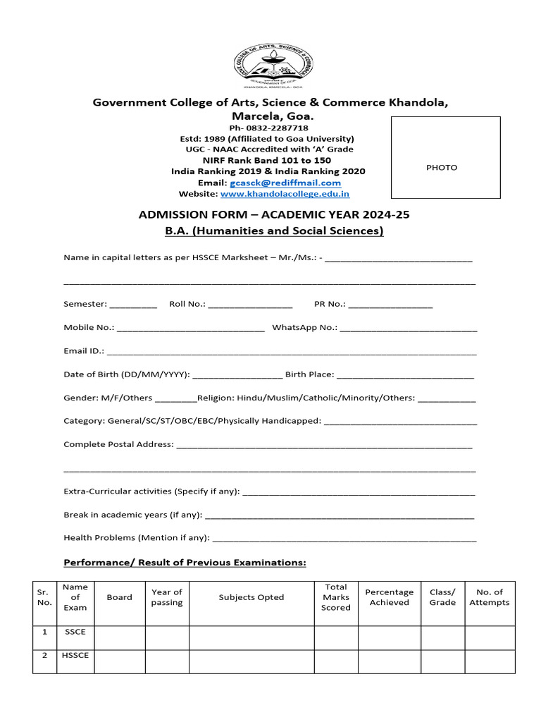 FY BA Admission Form 2024 25 | PDF | Banks | Signature