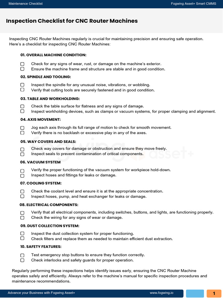 Inspection Checklist For CNC Router Machines | PDF | Numerical Control ...