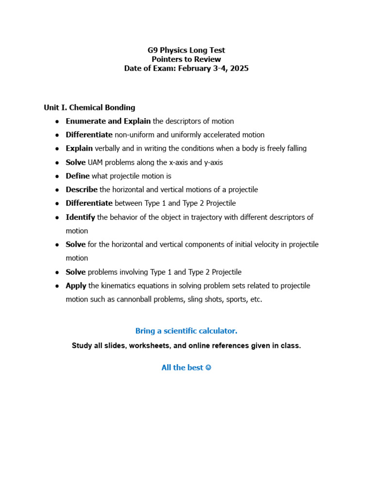 G9 Physics Long Test Review Guide | PDF