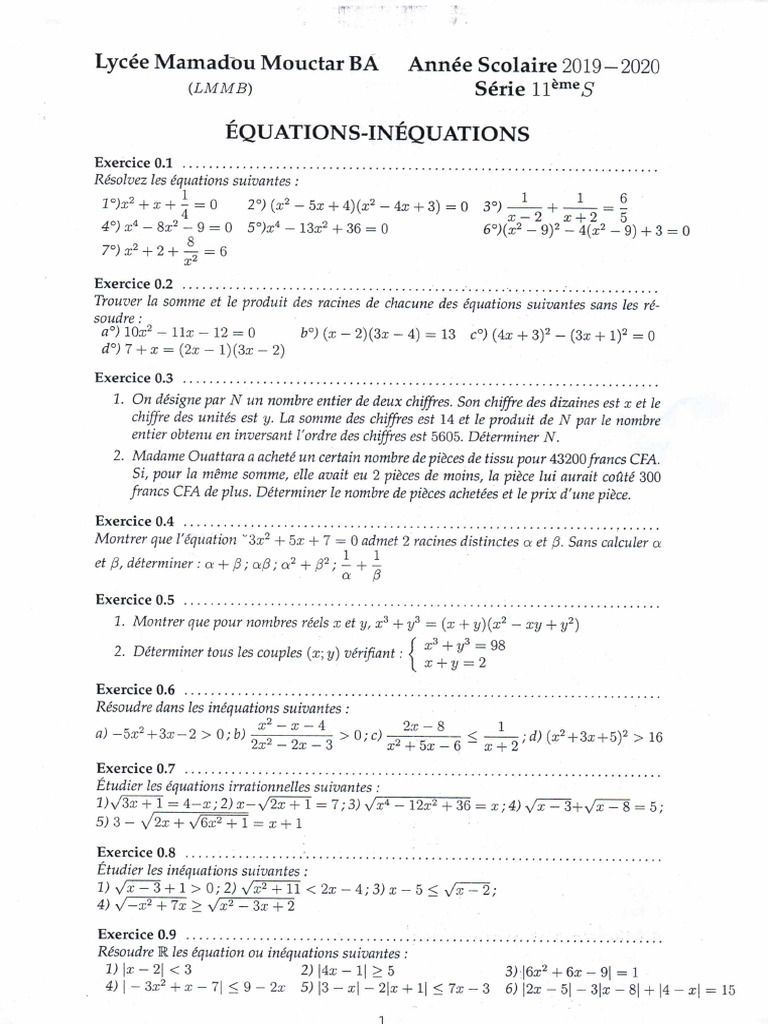 Exos Equations Inequations 11 Sicences | PDF