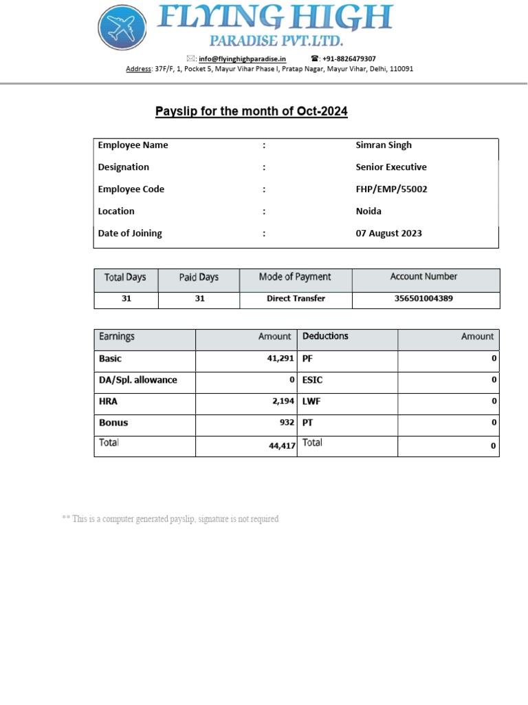 October 2024 Payslip for Simran Singh | PDF