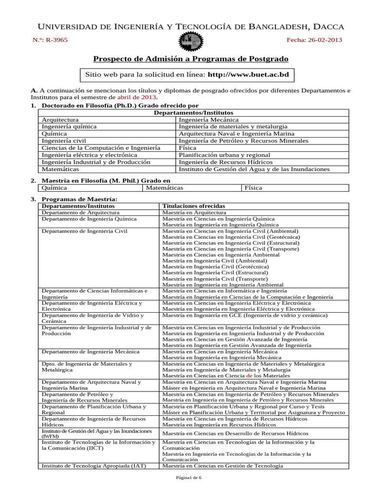 Prospecto de Admisión A Programas de Posgrado en BUET Abril-2013 | PDF | Ingeniería | Ingeniero ...
