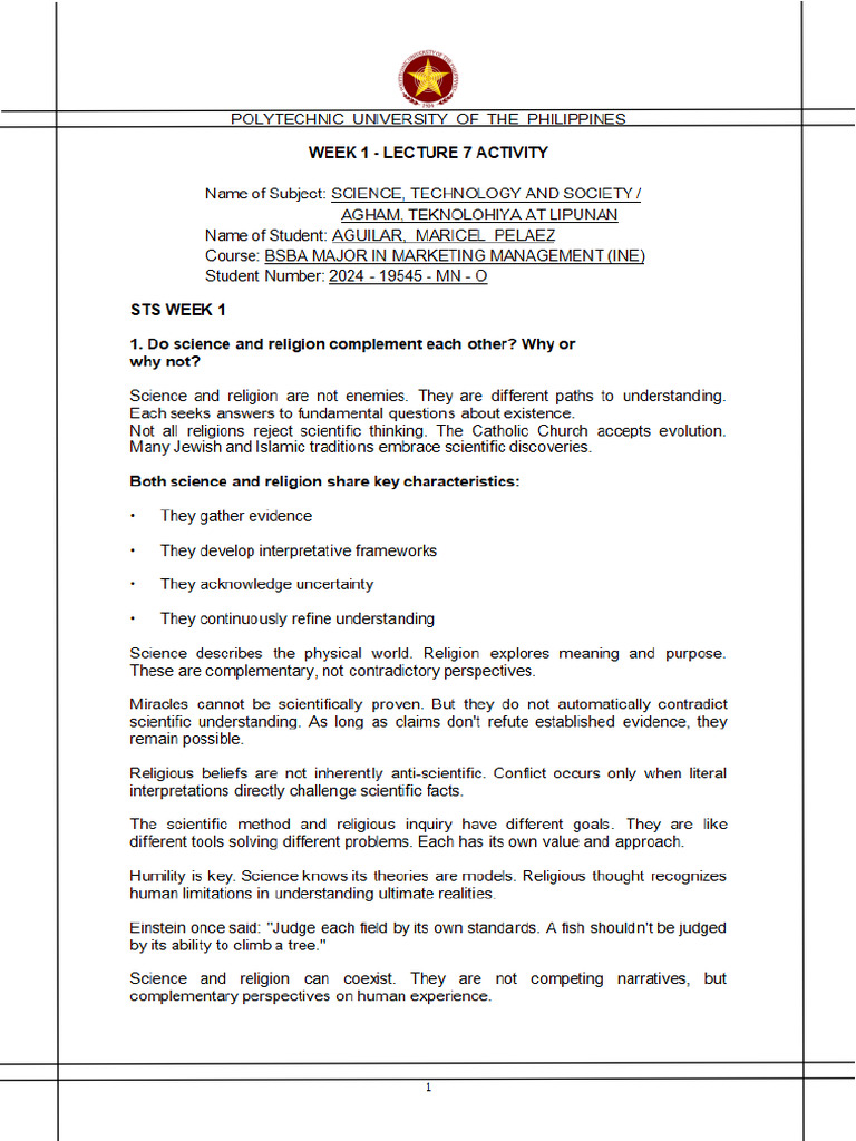 Science, Technology and Society (Answer Sheet) | PDF