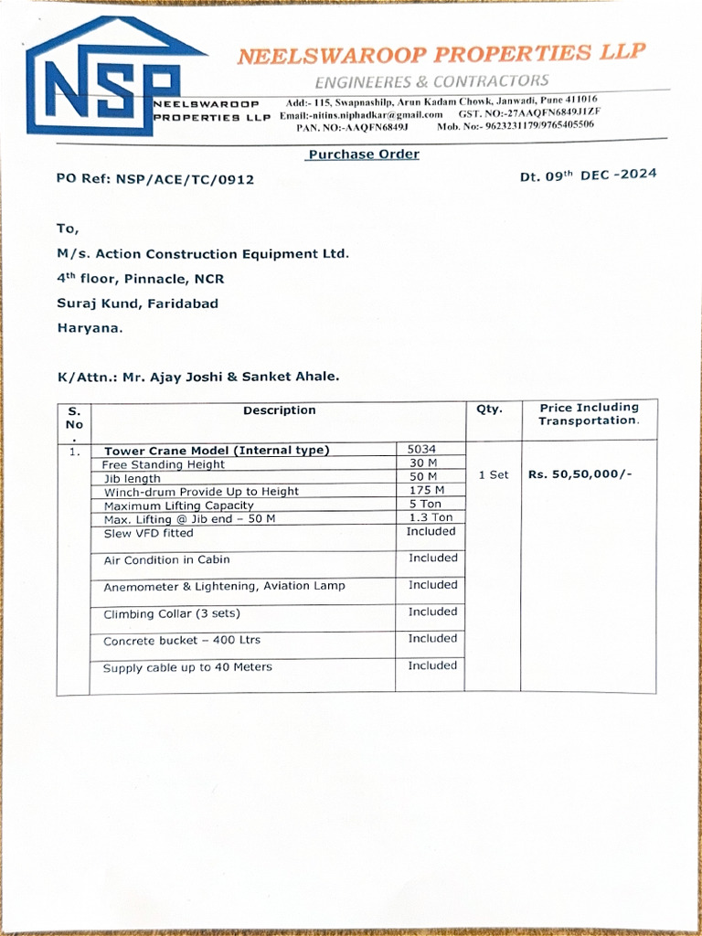 Tower Crane Purchase Order | PDF