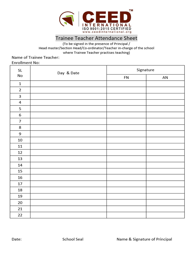 Trainee Teacher Attendance Sheet | PDF