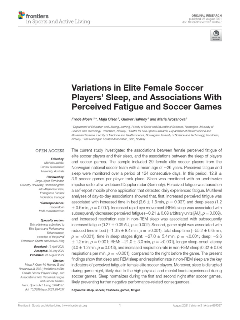 Variations in Elite Female Soccer Players Sleep, and Associations With ...