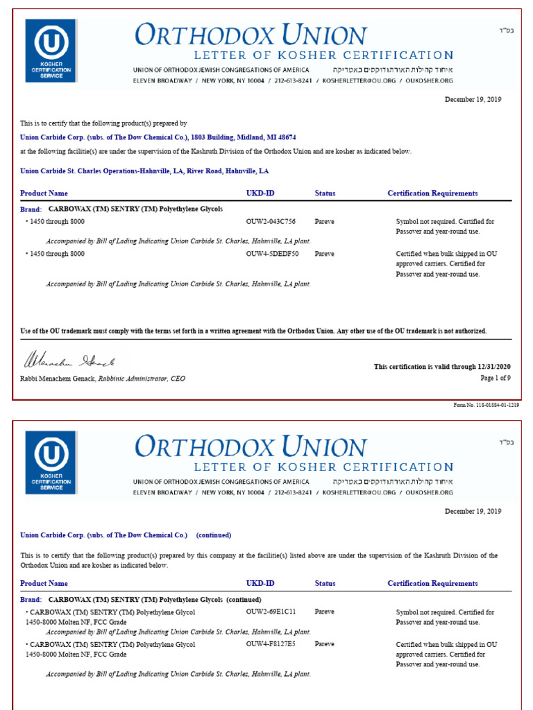 118 01884 01 Orthodox Union Letter of Kosher Certification Hahnville La ...