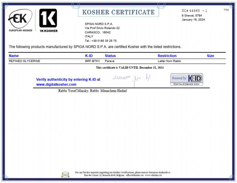 Cert KOSHER - 2024 - GLICERINA KOSHER 1 | PDF