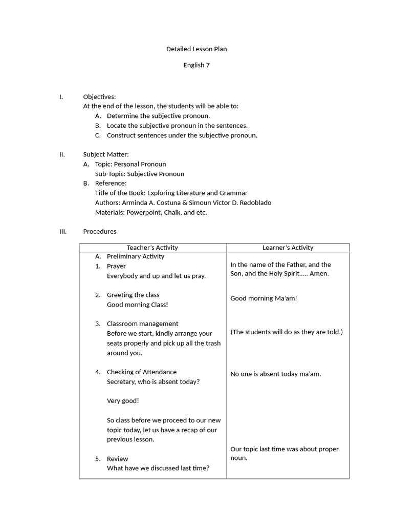 Detailed Lesson Plan | PDF | Verb | Pronoun