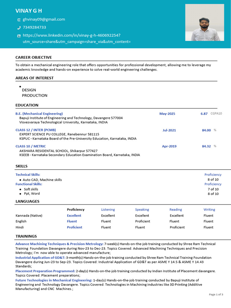 Vinay G H Resume Renew - 250110 - 190731 | PDF | Engineering | Mechanical Engineering