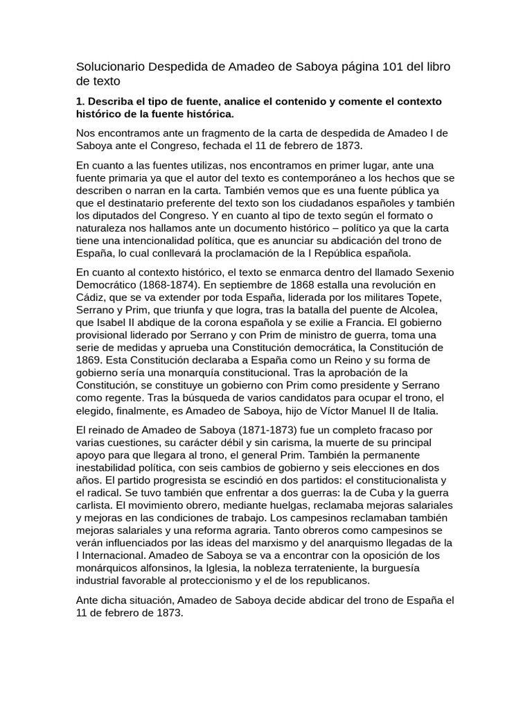 Solucionario Despedida de Amadeo de Saboya | PDF | España