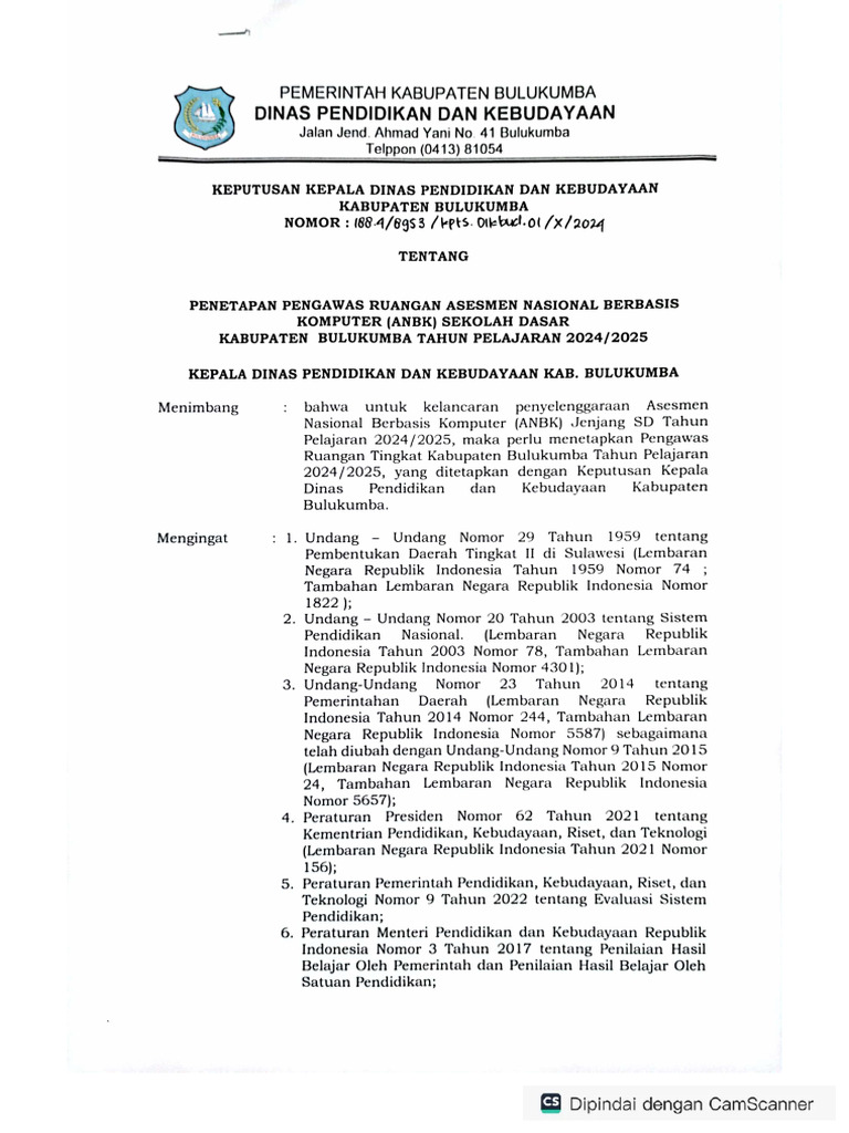 SK Pengawas Ruangan ANBK Jenjang SD KAB. Bulukumba | PDF