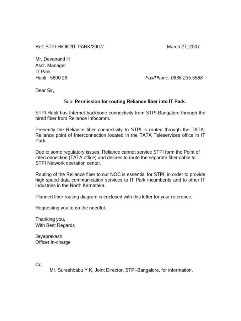 Reliance Fiber Routing Request for IT Park | PDF