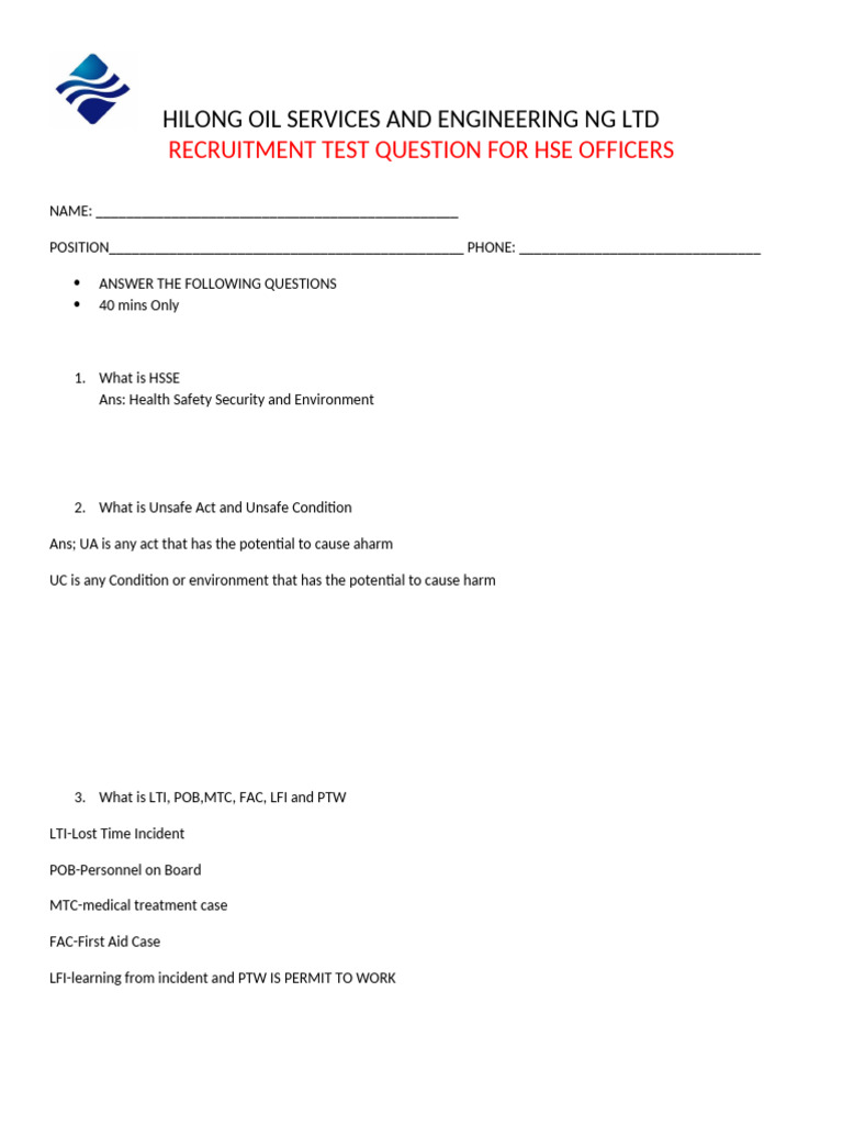 HSE Officer Recruitment Test Questions | PDF | Labor Relations | Workplace